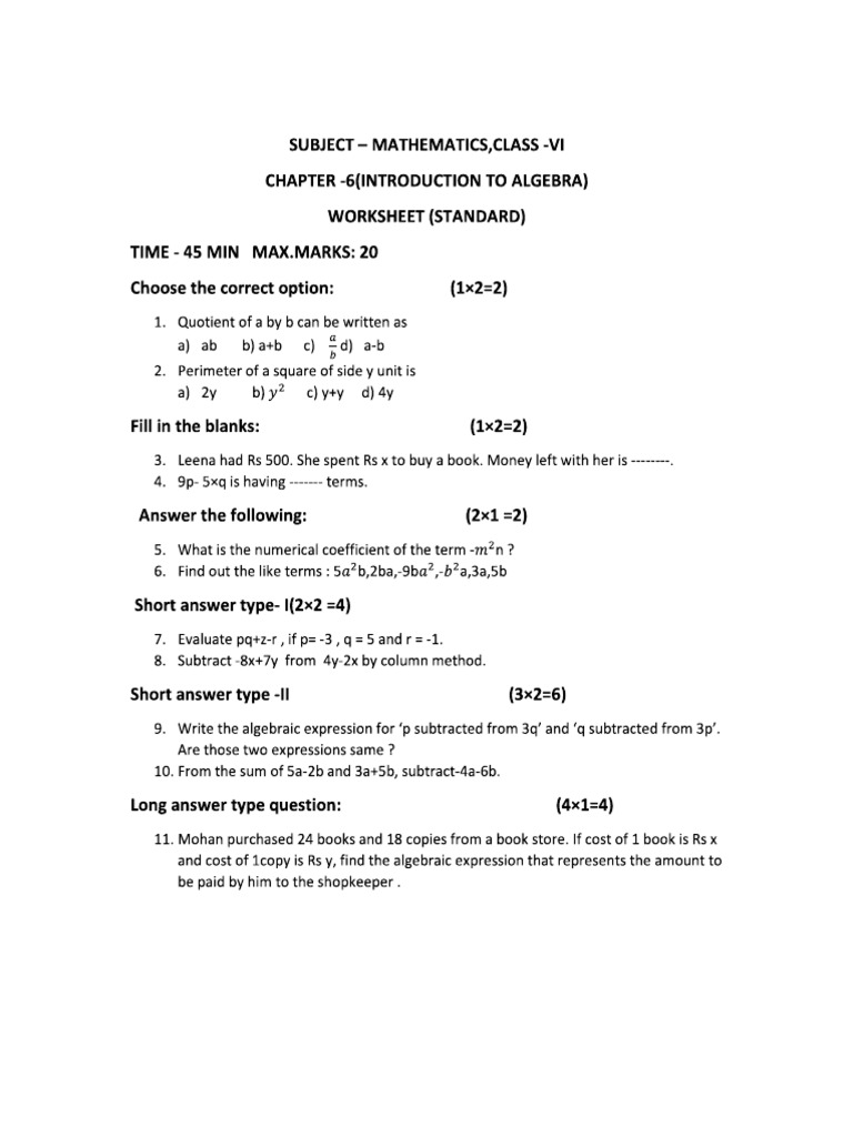 Maths Algebra Worksheet | PDF