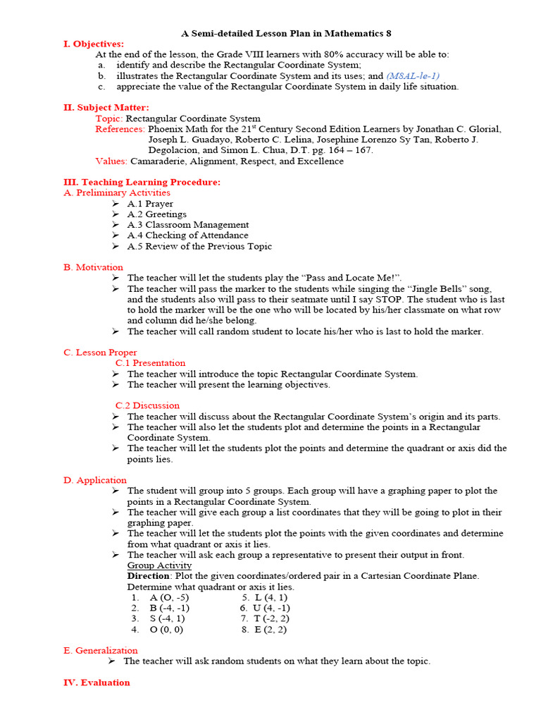 Semi-Detailed Lesson Plan in Mathematics 8 | PDF | Cartesian Coordinate ...