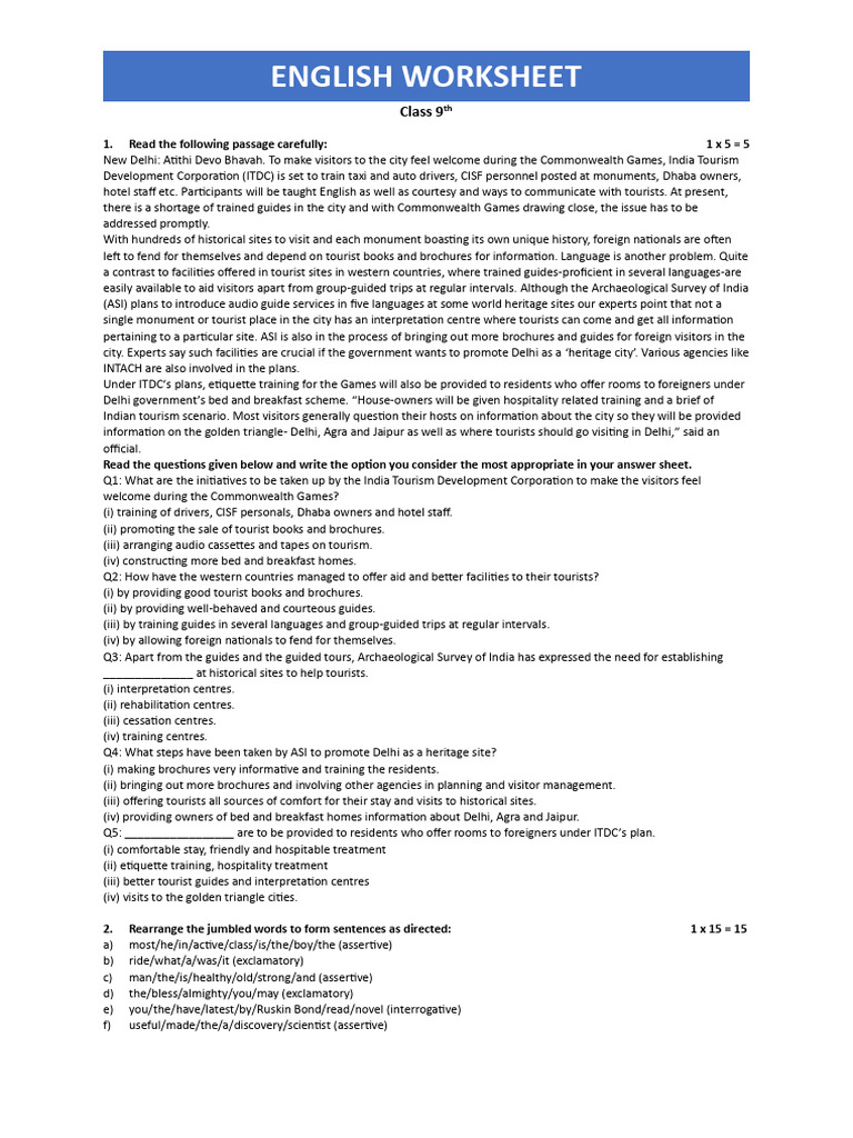 Class 9th - Worksheet | PDF