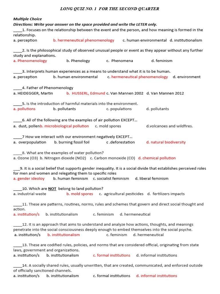 Second Quarter Long Quiz on Phenomenology | PDF | Gender Studies | Feminism