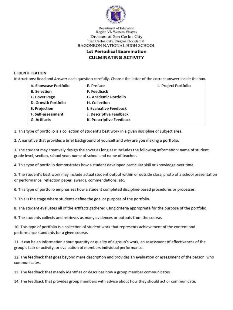 1st Per Culminating Activity | PDF | Educational Assessment | Cognitive ...