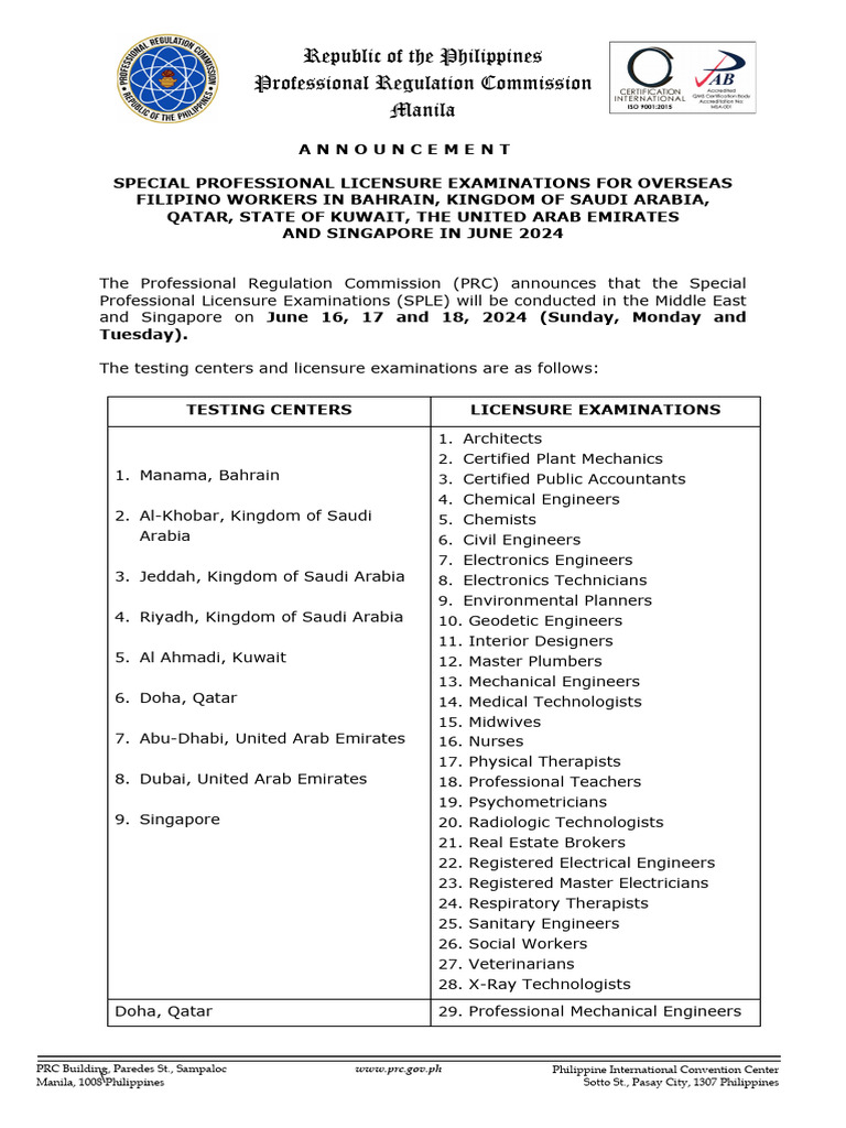 SPLE Announcement for OFWs 2024 | PDF | Engineer | Academic Degree