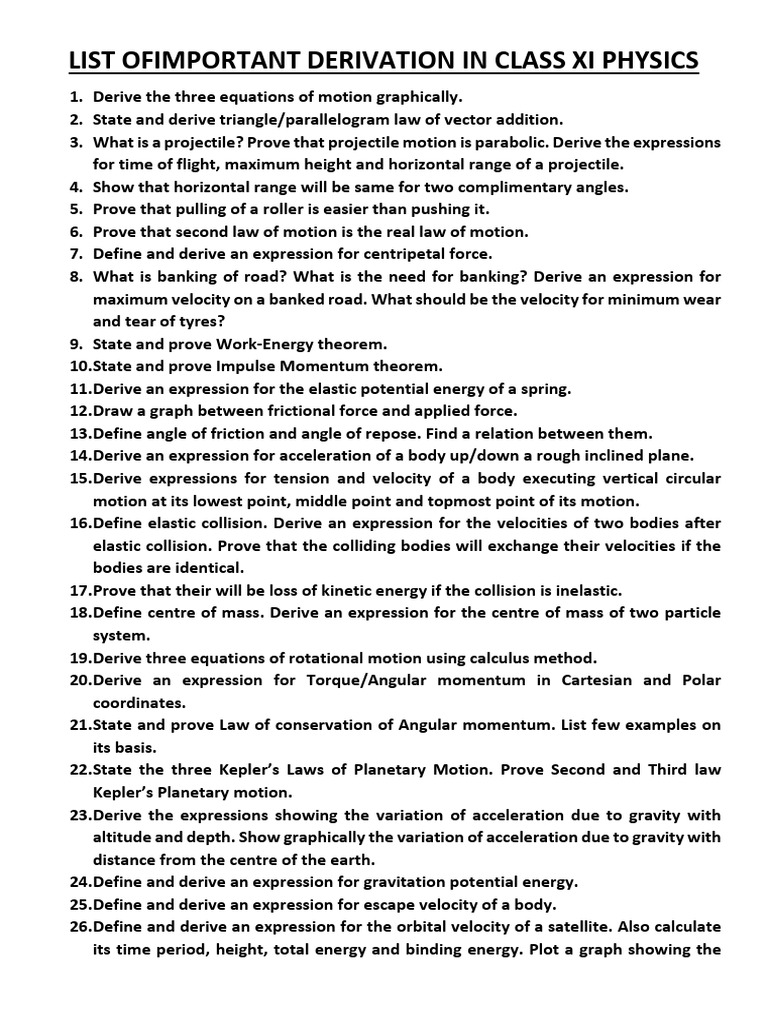 List Ofimportant Derivation in Class Xi Physics | PDF | Collision ...