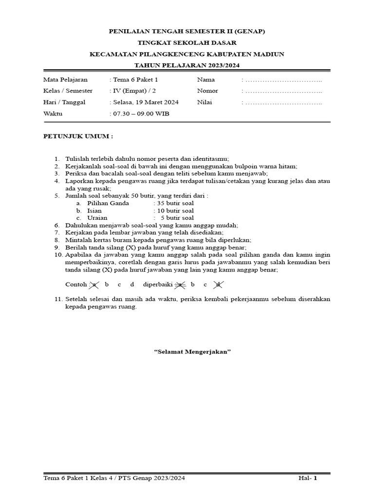 Soal PTS Genap K13 Tema 6 Paket 1 KLS 4 | PDF