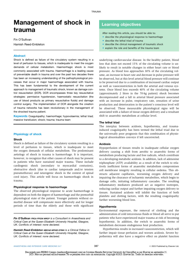 Management of Shock in Trauma | PDF | Shock (Circulatory) | Traumatic Brain Injury