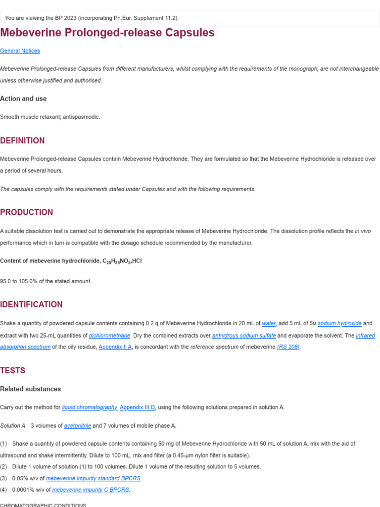 Mebeverine Prolonged-Release Capsules - British Pharmacopoeia | PDF ...