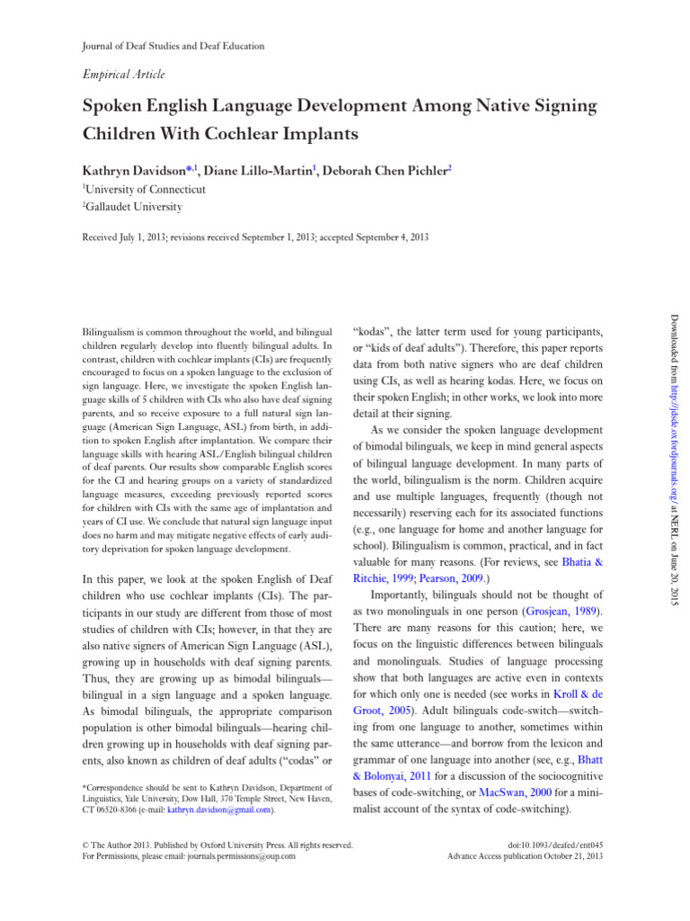 Davidson, Lillo-Martin y Chen Pichler (2013) Spoken English Language Development Among Native ...