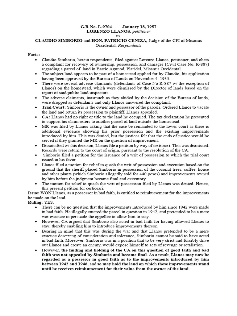 Property Law - Simborio Vs Llanos | PDF | Complaint | Lawsuit