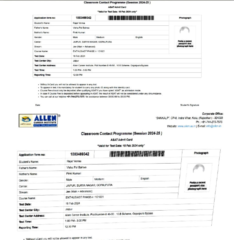 ASAT Admit Card for JEE 2024 | PDF | Document | Applications Of ...