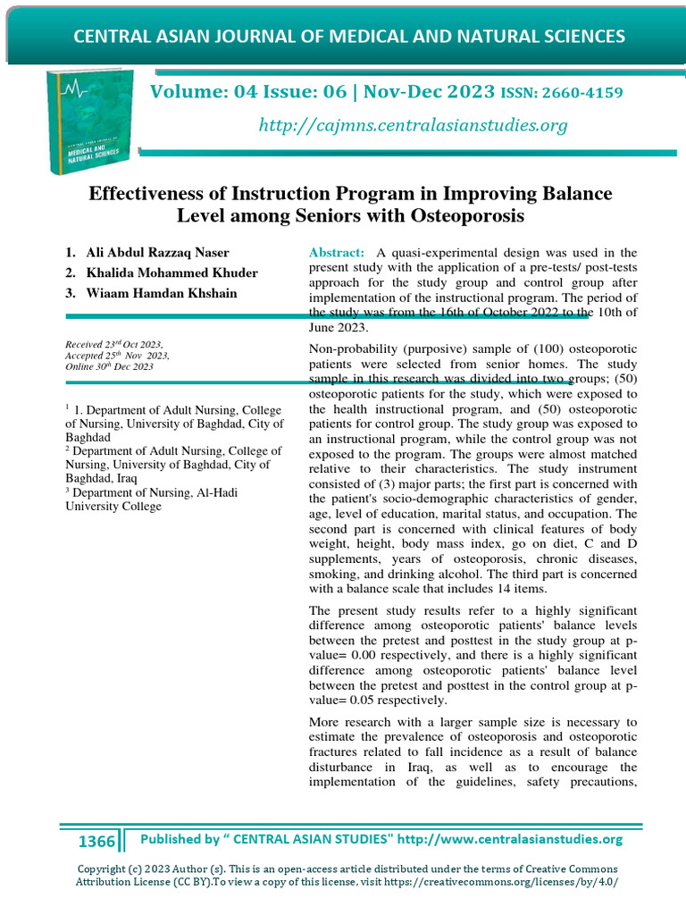 Effectiveness of Instruction Program in Improving Balance Level Among Seniors With Osteoporosis ...