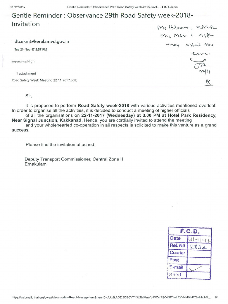 Road Safety Week 2018 NHAI Invitation | PDF