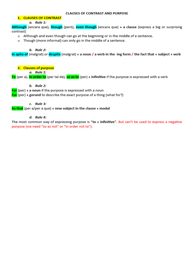 Clauses of Contrast and Purpose | PDF