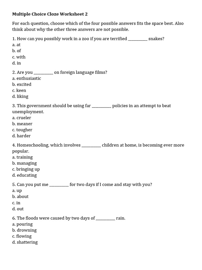 Multiple Choice Cloze Worksheet 2 | PDF | Linguistics