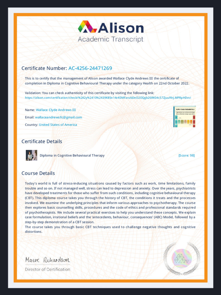 Alison Certificate Transcript Diploma in Cognitive Behavioural Therapy | PDF | Career & Growth