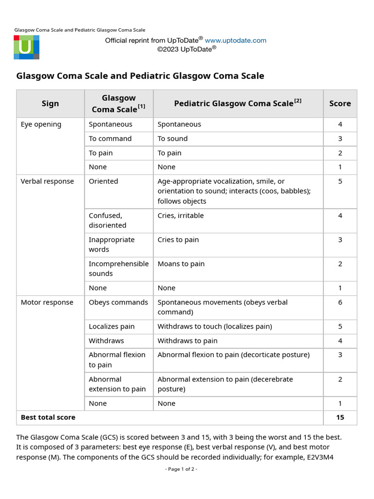 Glasgow Coma Scale and Pediatric Glasgow Coma Scale | PDF | Coma ...
