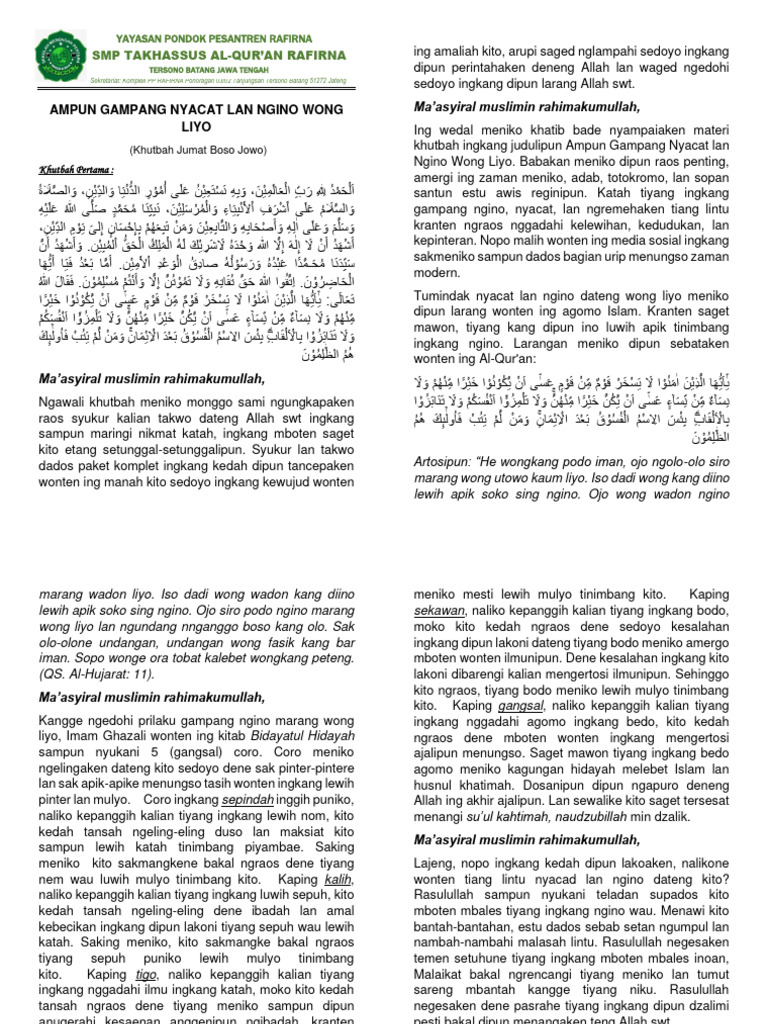 2024-02-09 - Khutbah Jumat Boso Jowo - AMPUN GAMPANG NYACAT LAN NGINO WONG LIYO | PDF