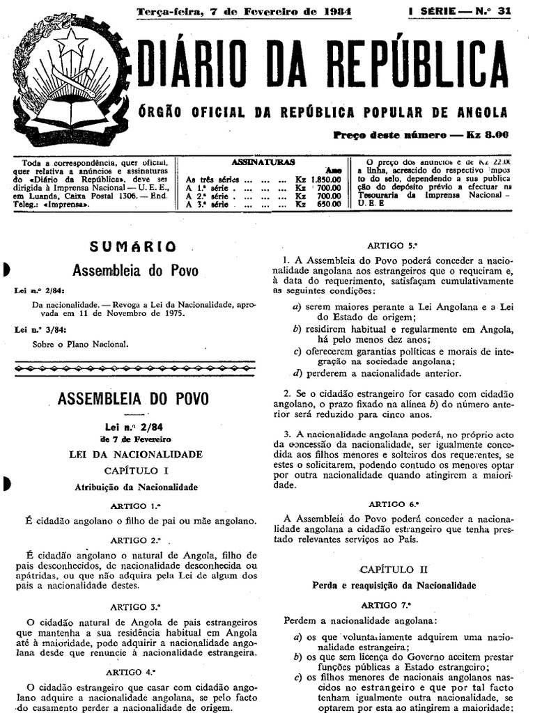Angola Lei Da Nacionalidade No2 - 1984 | PDF