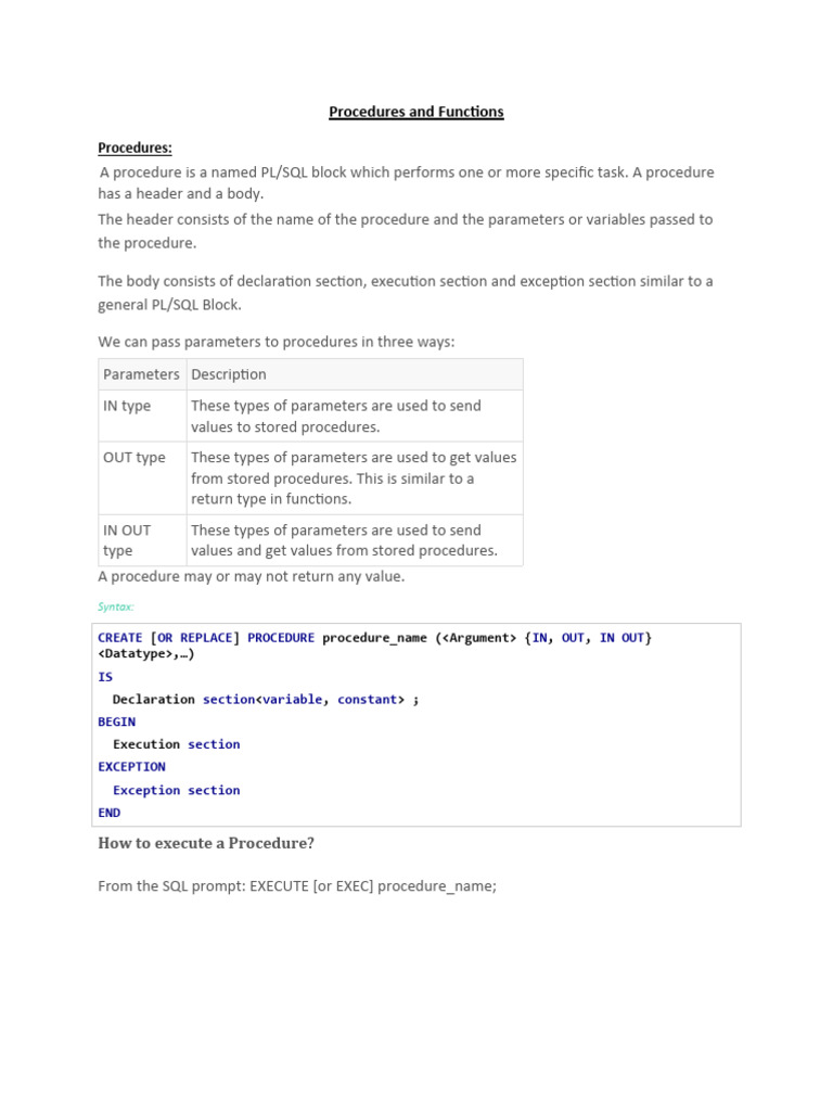 Procedures and Functions | Download Free PDF | Pl/Sql | Parameter (Computer Programming)