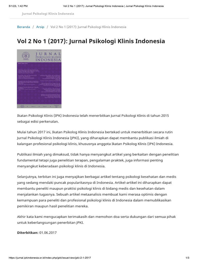Vol 2 No 1 (2017) - Jurnal Psikologi Klinis Indonesia - Jurnal Psikologi Klinis Indonesia | PDF