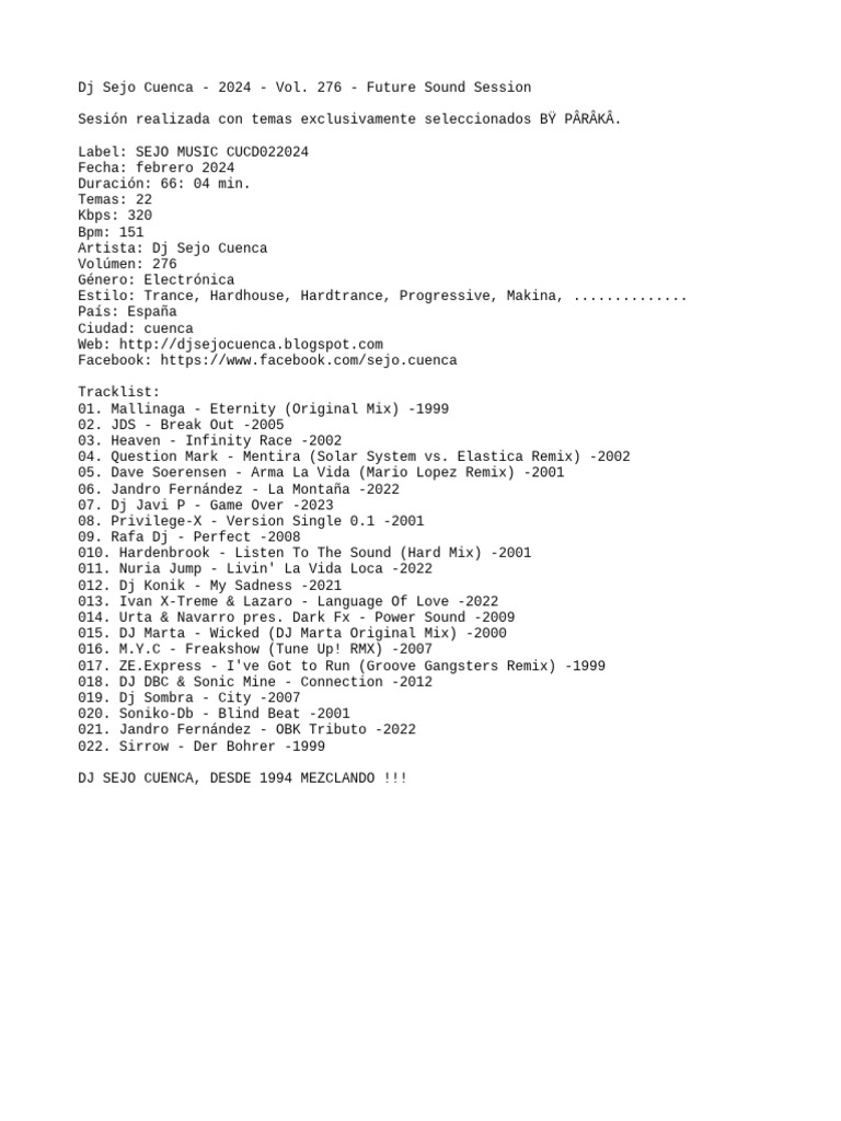 DJ Sejo Cuenca - 2024 - Vol. 276 - Future Sound Session | PDF | Arte ...