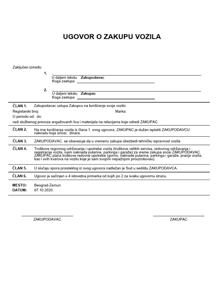 Ugovor o Zakupu Vozila | PDF