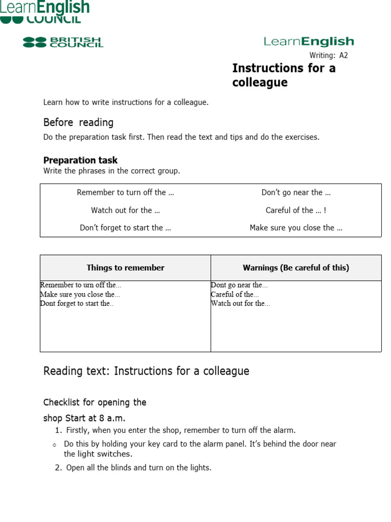 LearnEnglish Writing A2 Instructions For A Colleague | PDF