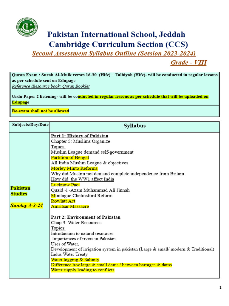 Grade 8 Second Assessment Schedule & Syllabus Outline | Download Free PDF | Surah | All India ...