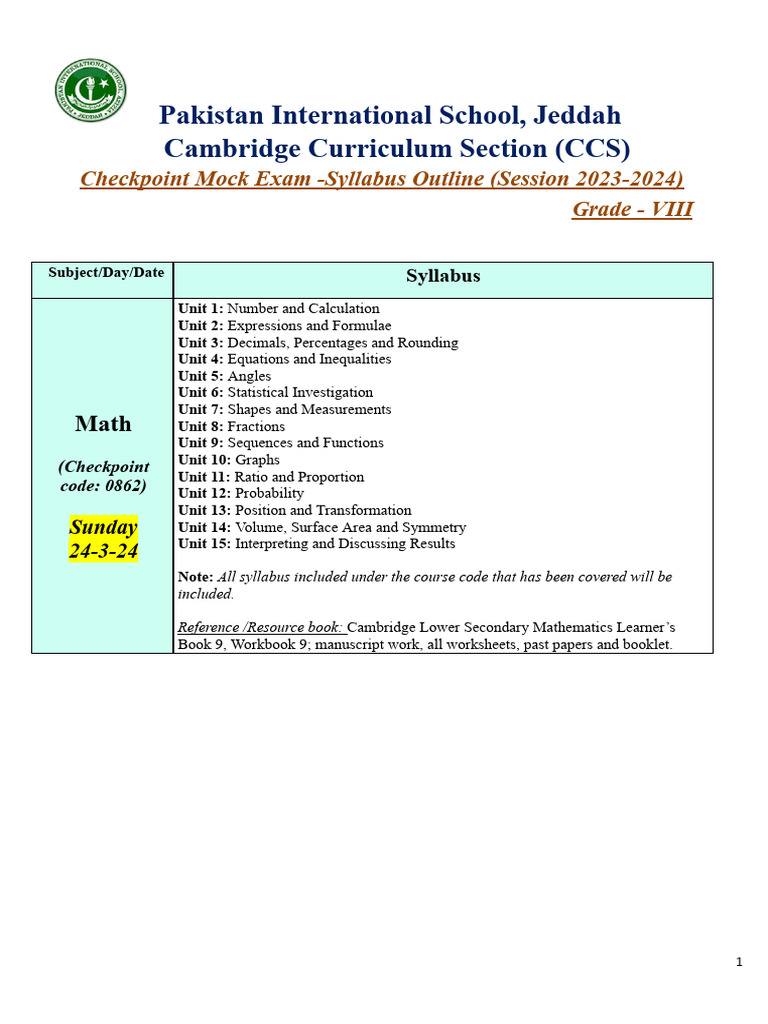Grade 8 Checkpoint Mock Exam Syllabus Outline | PDF | Chemical ...