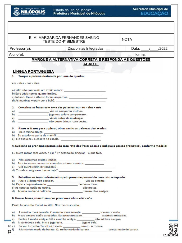 Teste Escolar de Ciências e Anatomia | PDF