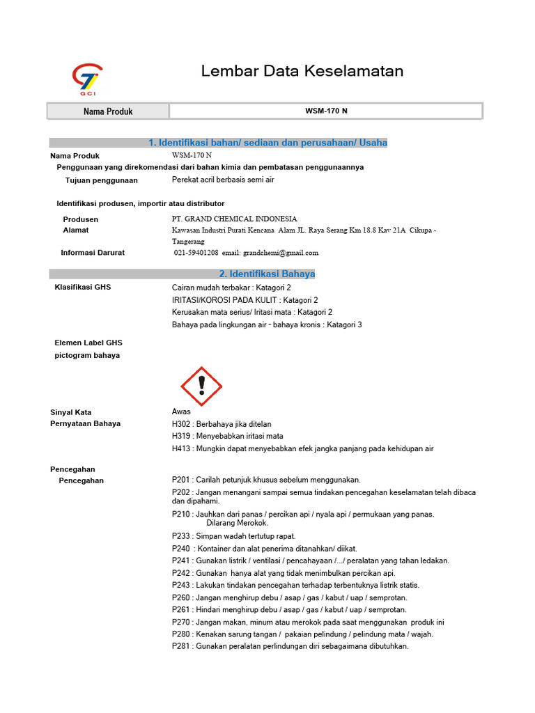 Lembar Data Keselamatan WSM-170 N | PDF