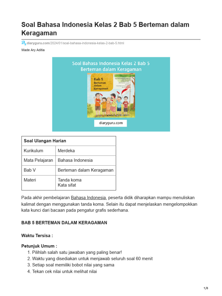 Soal Bahasa Indonesia Kelas 2 Bab 5 Berteman Dalam Keragaman | PDF | Griya & Taman