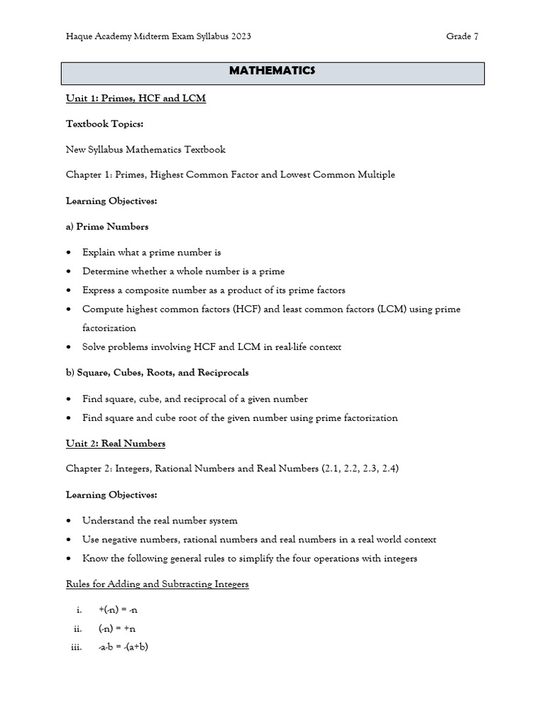 Grade 7 Midterm Exam Syllabus 2023 | PDF | Numbers | Algebra