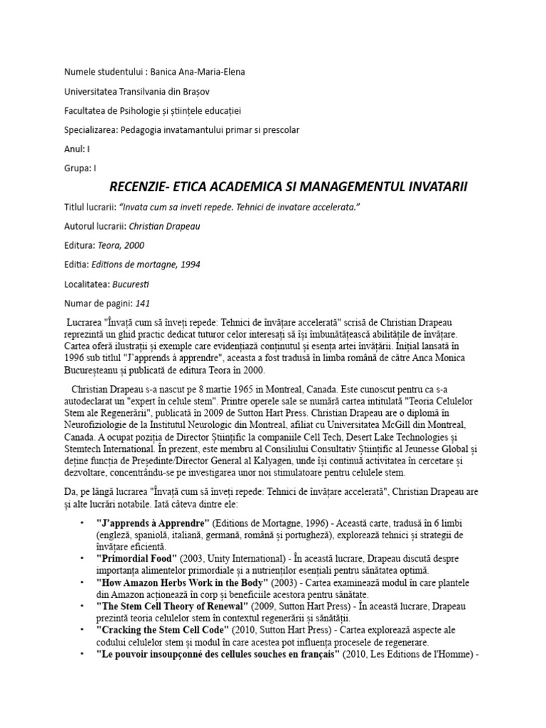 Recenzie - Etica Academica Si Managementul Invatarii | PDF