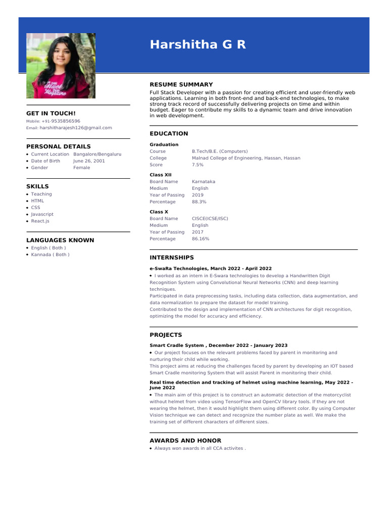 Harshitha G R Resume | PDF | Emerging Technologies | Computing