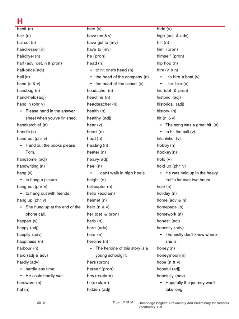 Vocabulary List Cambridge Letter H | PDF