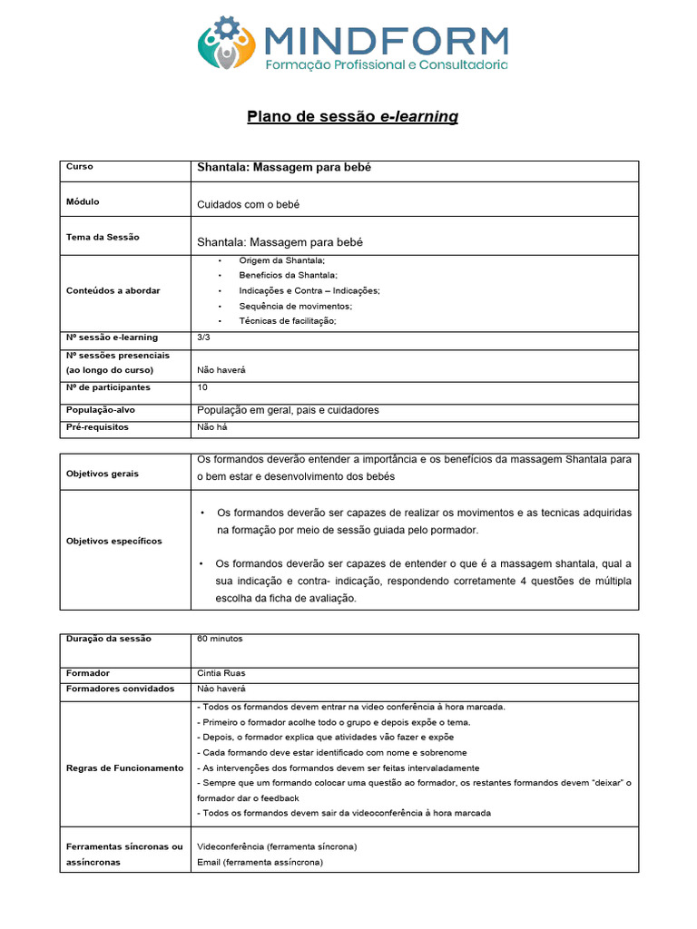 Plano de Sessão e - Learning - Shantala Massagem para Bebé | PDF ...