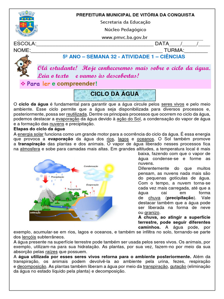 5º Ano - Semana 32 - Atividade 1 - Ciências | PDF | Água | Ciclo da água