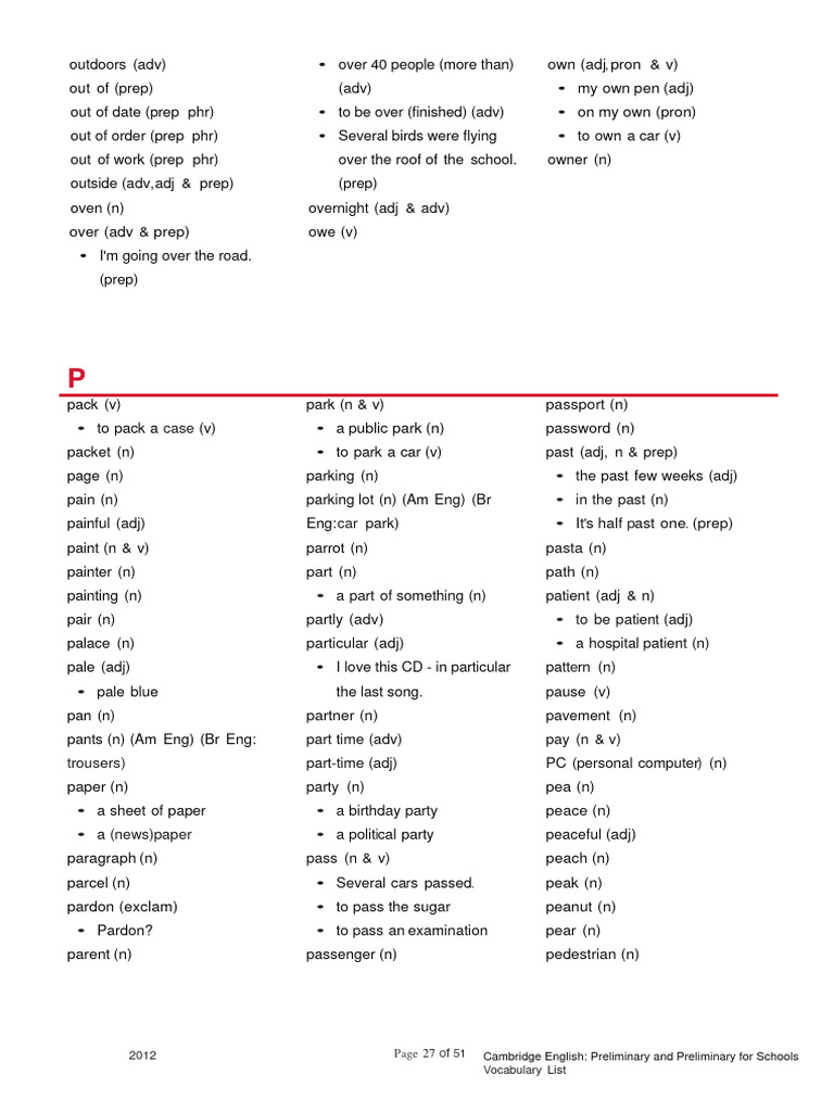 Vocabulary List Cambridge Letter P | PDF