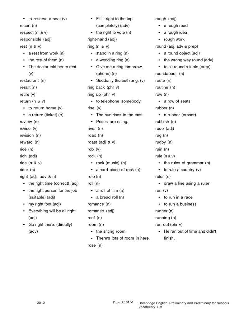 Vocabulary List Cambridge Letter R | PDF