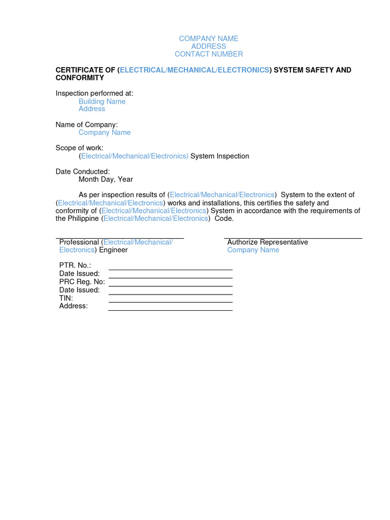 Certificate of Safety and Conformity Form | PDF