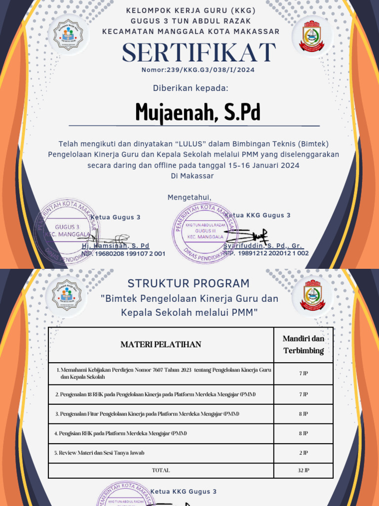 Mujaenah, S.PD - SERTIFIKAT 32 JP KKG GUGUS III BULAN JANUARI 2024 | PDF