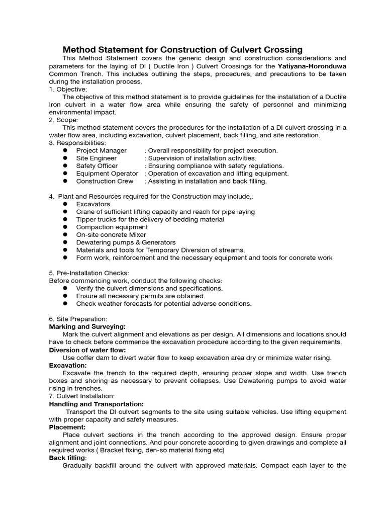 Method Statement For A Culvert Crossing | PDF | Concrete | Earth Sciences