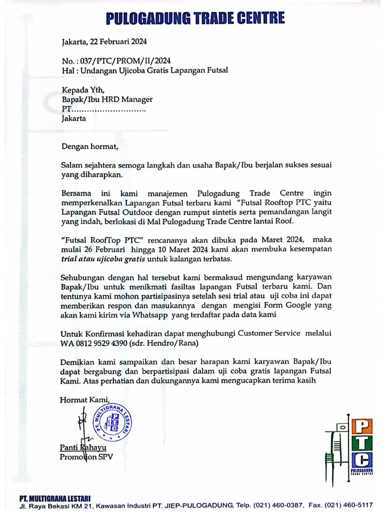 Surat Undangan Futsal PTC Gratis | PDF