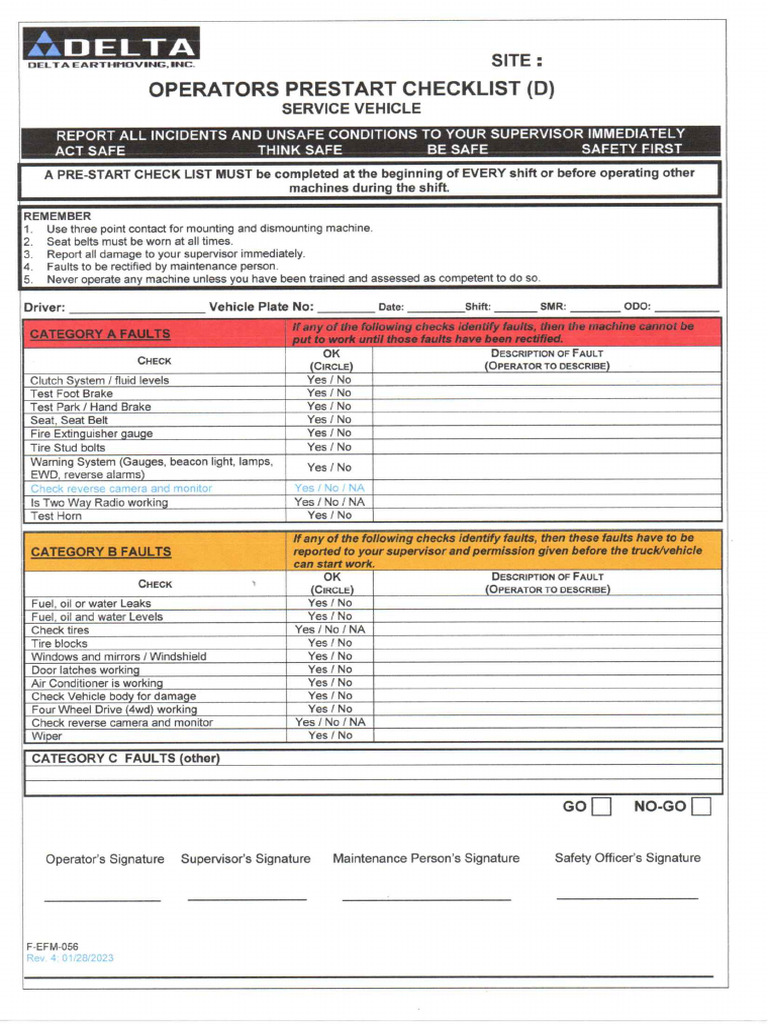 D F-EFM-056 (Rev.04) - Operators Prestart Checklist (D) Service Vehicle ...