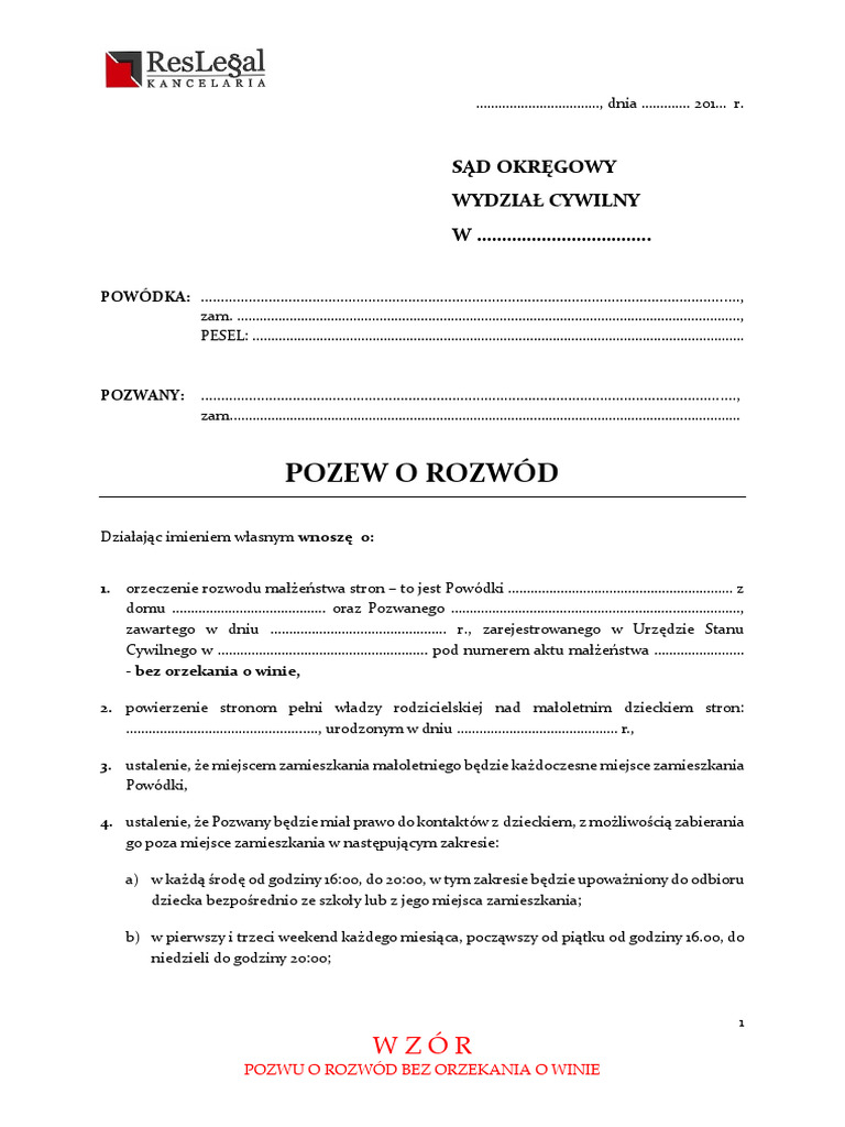 Pozew o Rozwód Bez Orzekania o Winie | PDF