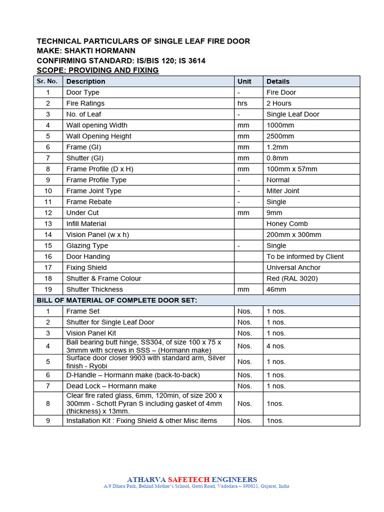 Shakti Hormann Fire Door Specifications | PDF | Door | Civil Engineering