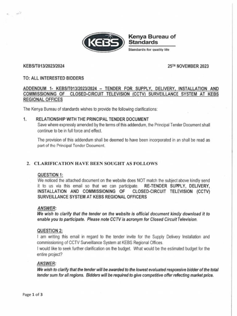 Addendum No. 1 Kebs t013 2023 23 CCTV Installation | PDF