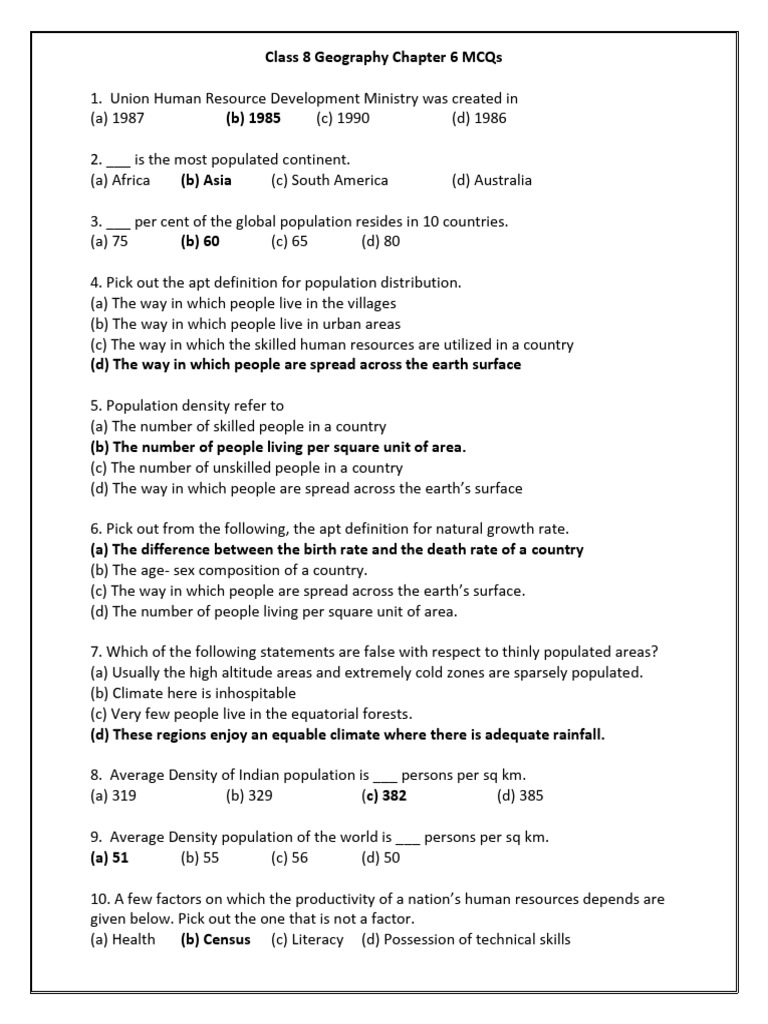Class 8 Geography: Human Resources MCQs | PDF | Earth | Population Growth