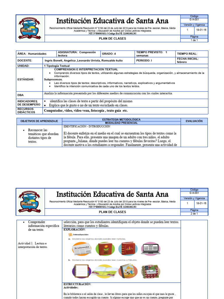 Plan Comprension Lectora Pdf Cognición Aprendizaje