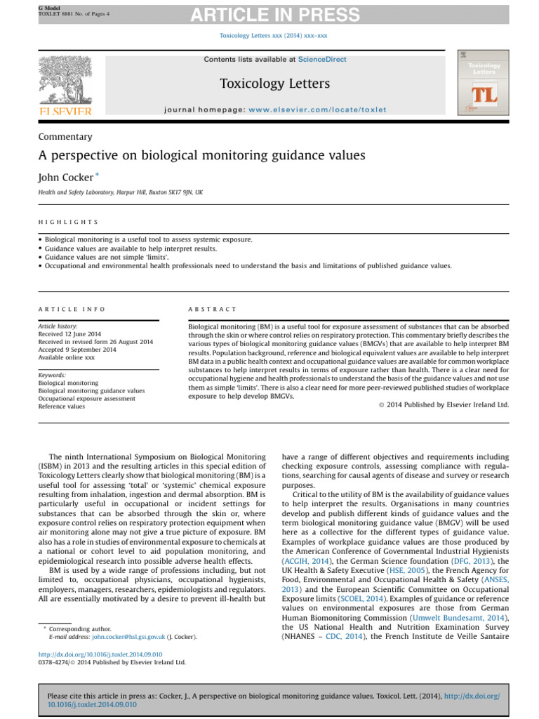 A Perspective On Biological Monitoring Guidance Values 2014 | PDF ...